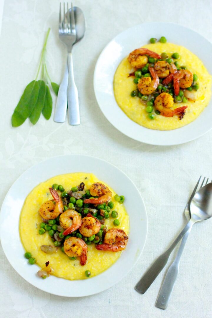 Polenta with Crispy Peas and Roasted Shrimp | Playful Cooking