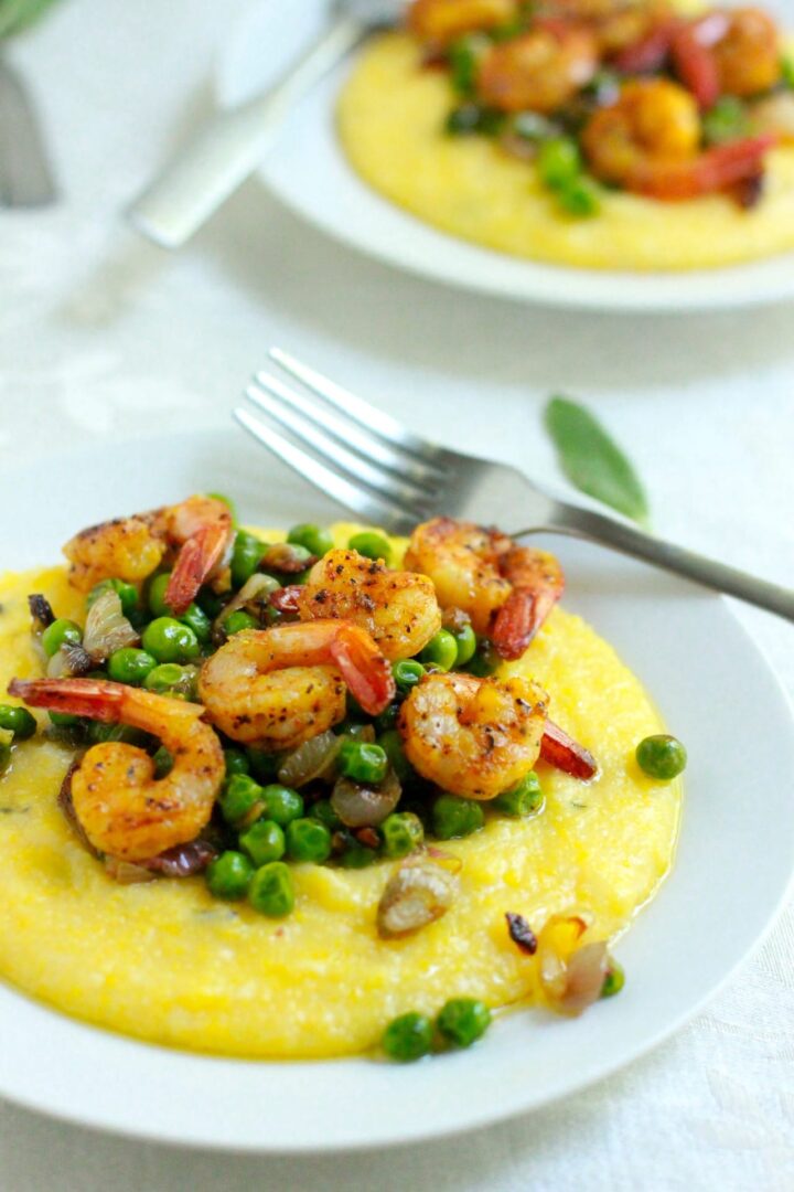 Polenta with Crispy Peas and Roasted Shrimp | Playful Cooking
