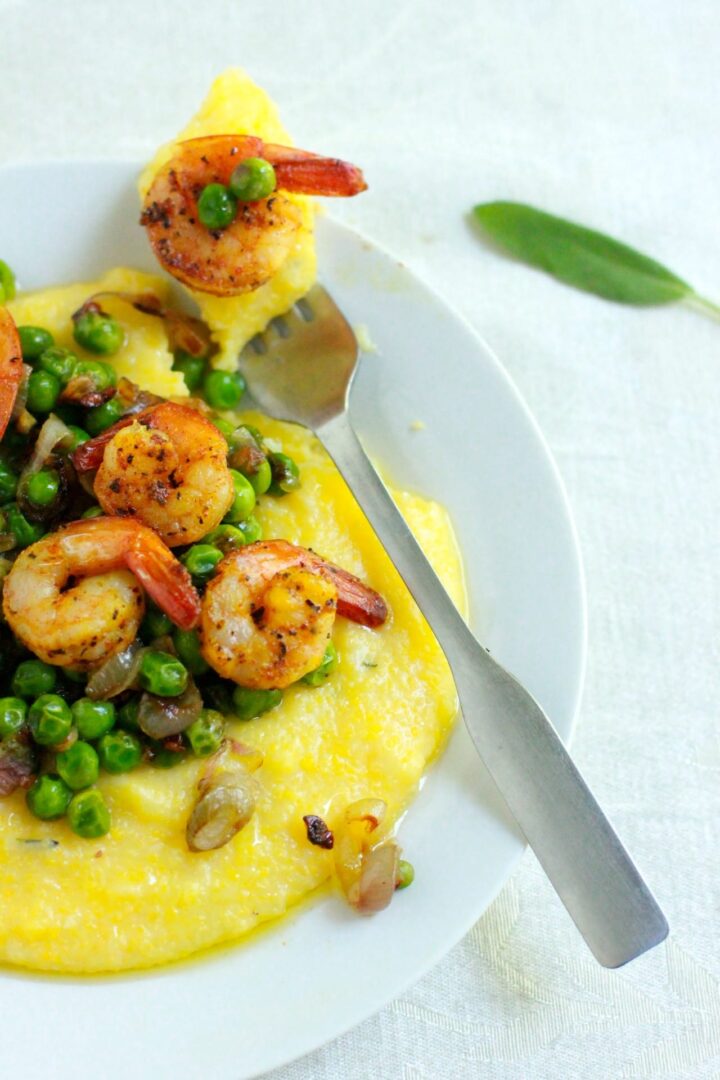 Polenta with Crispy Peas and Roasted Shrimp | Playful Cooking